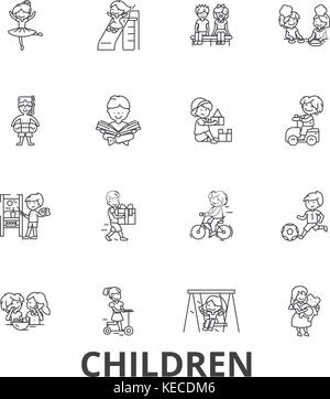 Kids playing editable line icons, 100 vector set, collection. Kids ...
