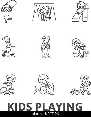 Kids playing editable line icons vector set on black background. Kids ...