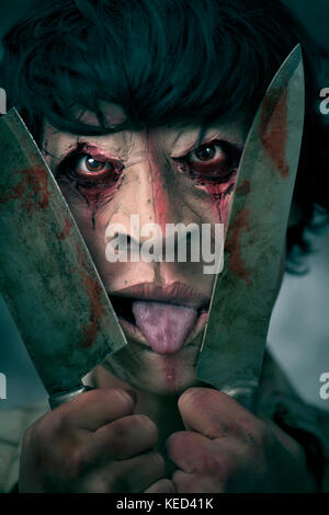 Creepy man with bloody scars face, Halloween stylish zombie make-up ...