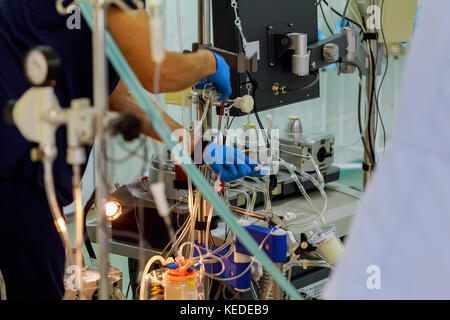 Cardiopulmonary bypass CPB machine connected and in use, also known as ...