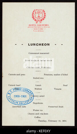 The luncheon menu at the San Remo Hotel in New York, showcasing the ...
