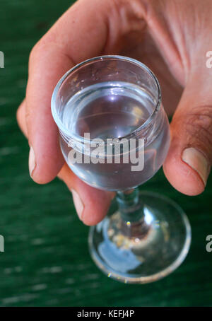 cold served macedonian rakia glass in a worker hand,shallow dof Stock ...