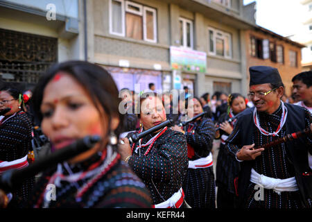 Newari People playing flute traditional instruments during Newari New ...