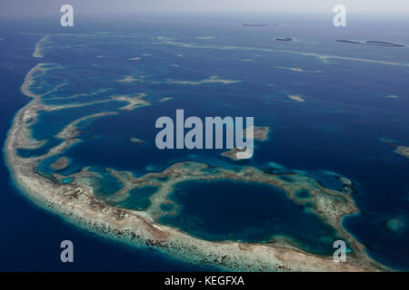aerial view of southern Belize barrier reef in vicinity of Placencia ...
