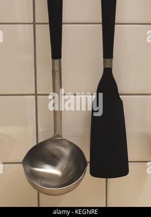 Kitchen Equipment, Set of Flippers and Ladles in Metal Bucket, Kitchen ...