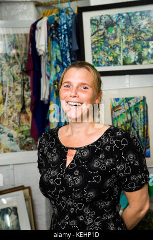 The Seychelles, Mahe, Baie Lazare, artist Gerard Devoud in his gallery ...
