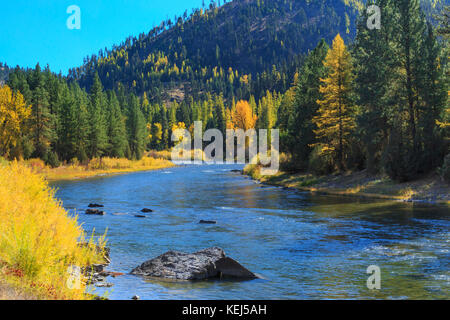 fall colors along the blackfoot river near potomac, montana Stock Photo ...