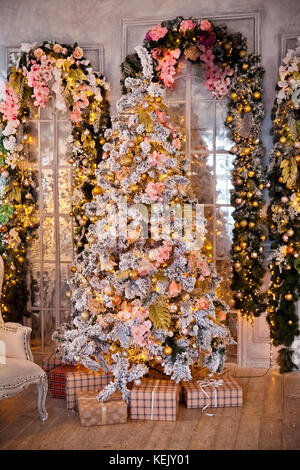 Classic white christmas interior background. New year tree decorated ...