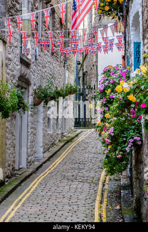 Red flags with yellow stars hang on strings among green trees in an ...