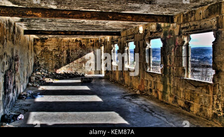 Derelict wartime British barracks lying in ruins at Selmun in Malta ...