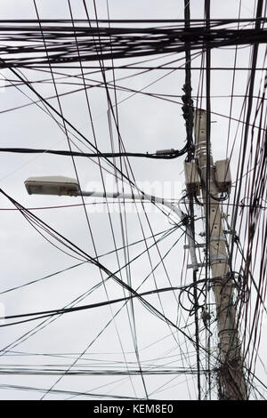 messy chaos wires cables , telephone and internet fiber signal line on ...