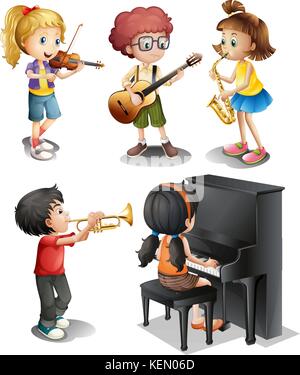 Cartoon kids play music. Talented kid playing on musical instrument ...