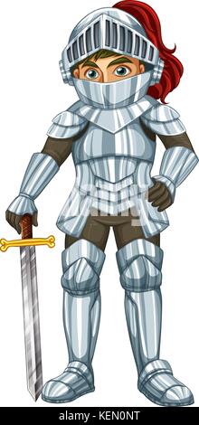 Knight standing with sword on background of medieval castle. Vector ...