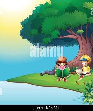 illustration of a boy and girl studying under tree Stock Vector Image ...