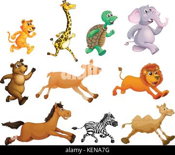 Wild animals group are running cartoon style isolated on white ...