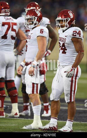 Oklahoma quarterback Baker Mayfield (6) and running back Samaje Perine (32) stand on the field ...