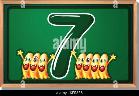 A cartoon illustration of a number seven monster smiling and happy ...