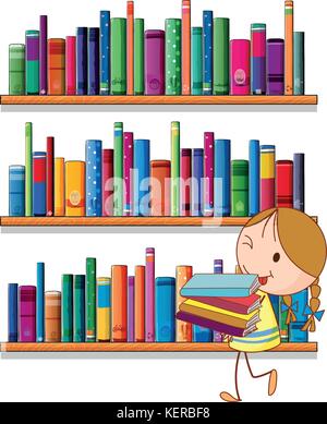 Shelf with cartoon book. Wooden bookshelves in library. Flat stack of ...