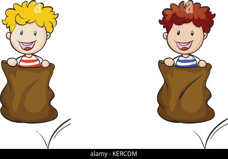 Illustration of the four kids jumping inside the sack on a white ...