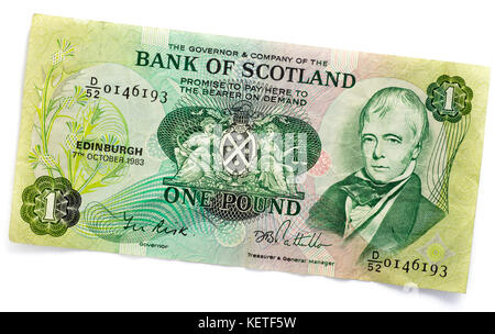 Old British one pound note with pre-decimal imperial coins in close up ...