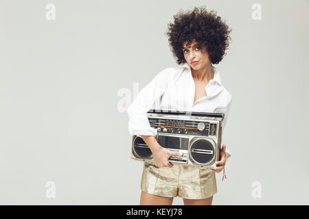 Photo of pretty funny lady dressed violet sweater holding paper photo ...