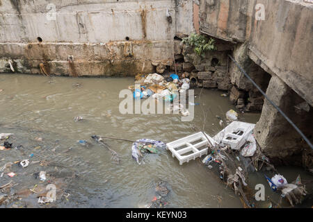 HYDERABAD, INDIA - OCTOBER 22,2017 Sewage canal clogged by floating ...