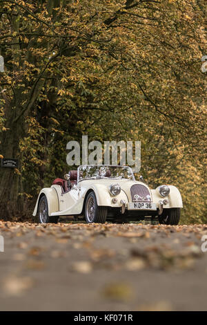 A cream Morgan Sports Car photographed in the Autumn, in Cragg Wood ...