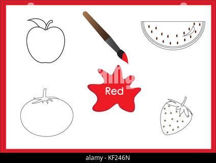 Learning colors. Red color. Flashcard for kids. Cute cartoon characters ...