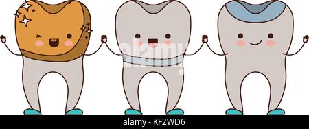 dental crown and implant and restored teeth cartoon holding hands in ...