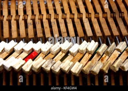 The mechanism inside an old piano. Corroded cords can be seen Stock ...