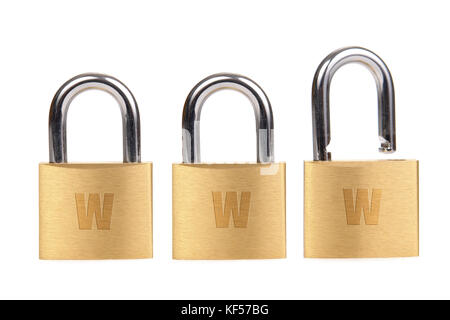Three padlocks, one unlocked, two locked Stock Photo - Alamy