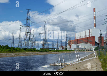 Machine room in thermal power plant with electric generators and ...