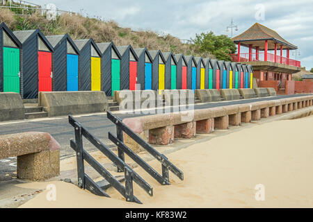 Colourful beach huts on Lowestoft promenade. Captured on a bright and ...