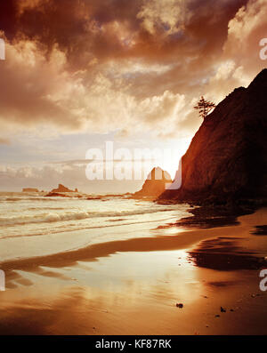 USA, Washington State, Rialto Beach. Fiery sunset on coastline. Credit ...