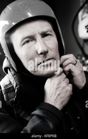 USA, Utah, Park City, Henry Druce at the start of the luge track, Utah ...