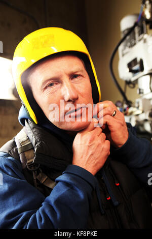 USA, Utah, Park City, Henry Druce at the start of the luge track, Utah ...
