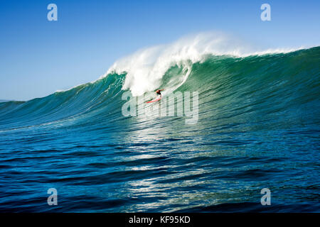 USA, Hawaii, man surfs a large wave on an outer reef, the North Shore ...