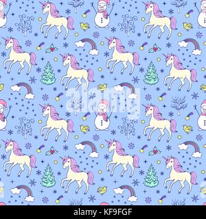 Seamless pattern with unicorns and Christmas tree. Christmas and New ...