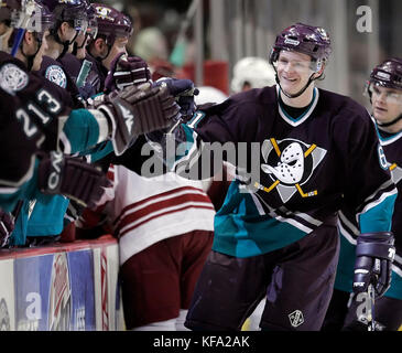 Anaheim Ducks bench celebrates a goal by center Andrew Cogliano, right ...