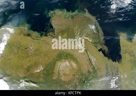 Aerial of the Lena River delta at the Laptev Sea in the far north of ...