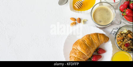 BANNER, LONG FORMAT Breakfast on a tray with fruit, buns, avocado ...