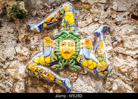 A Trinacria, ancient symbol of Sicily, Taormina, Sicily, Italy Stock ...