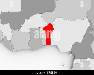 Benin in red on grey political map with transparent oceans. 3D ...