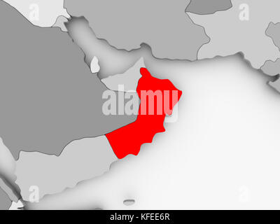 Oman in red on grey political map with transparent oceans. 3D ...