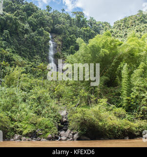 Cascading waterfall flowing into the Navua River inlet with narrow path ...