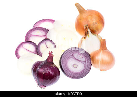 Three sliced onion of different colors (red, yellow and white) isolated ...