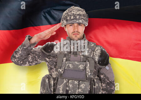 Portrait Of German Soldier Saluting In Front Of Flag Stock Photo - Alamy