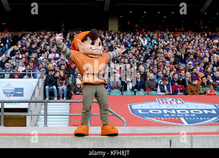 Cleveland Browns mascot Brownie the Elf stands on the field before NFL ...