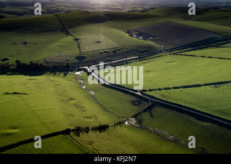Bronze Age Poor Lot Barrows at dusk Dorset UK aerial view Stock Photo ...