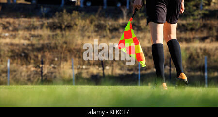 Soccer / football referee assistant, linesman points flag to indicate ...
